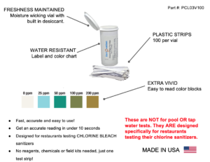 Restaurant Chlorine Sanitizer Plastic Test Strips, 0-200 ppm