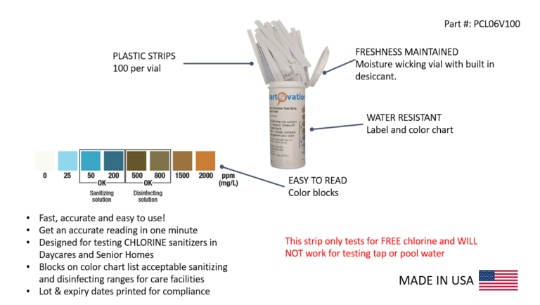 "Active Chlorine Test Strips, 0-2000 ppm for Daycares & Homes